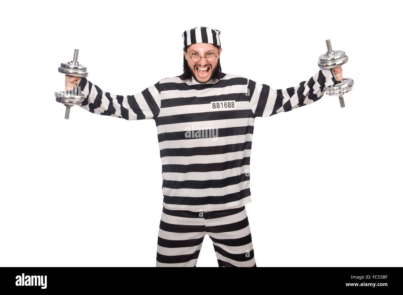 Prison inmate with dumbbells isolated on white Stock Photo - Alamy