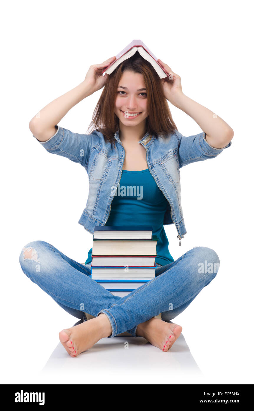 Student girl with books on white Stock Photo - Alamy