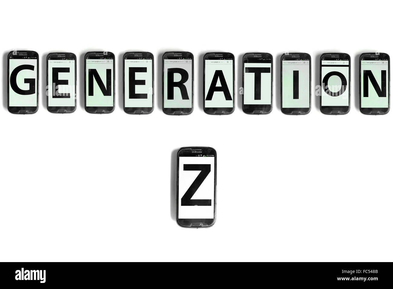 Generation Z written on the screens of smartphones photographed against ...