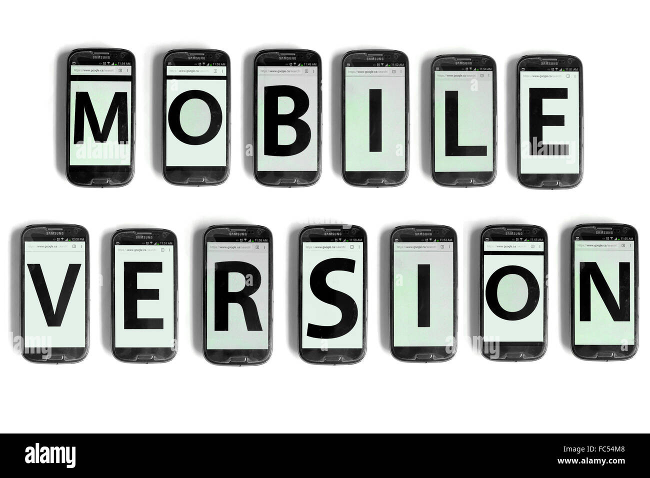 Mobile Version written on the screens of smartphones photographed ...