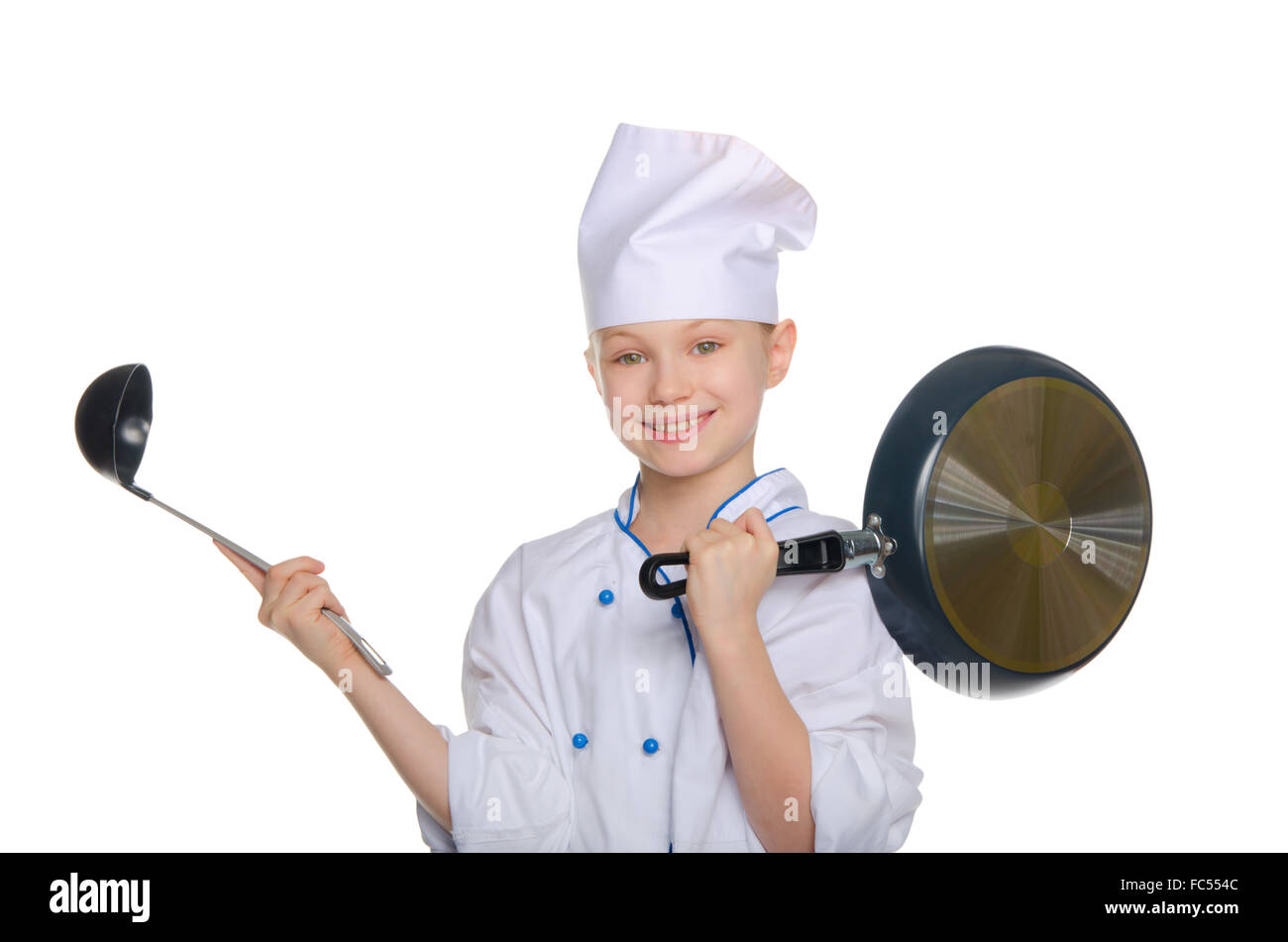 Young chef with a ladle and pan Stock Photo - Alamy