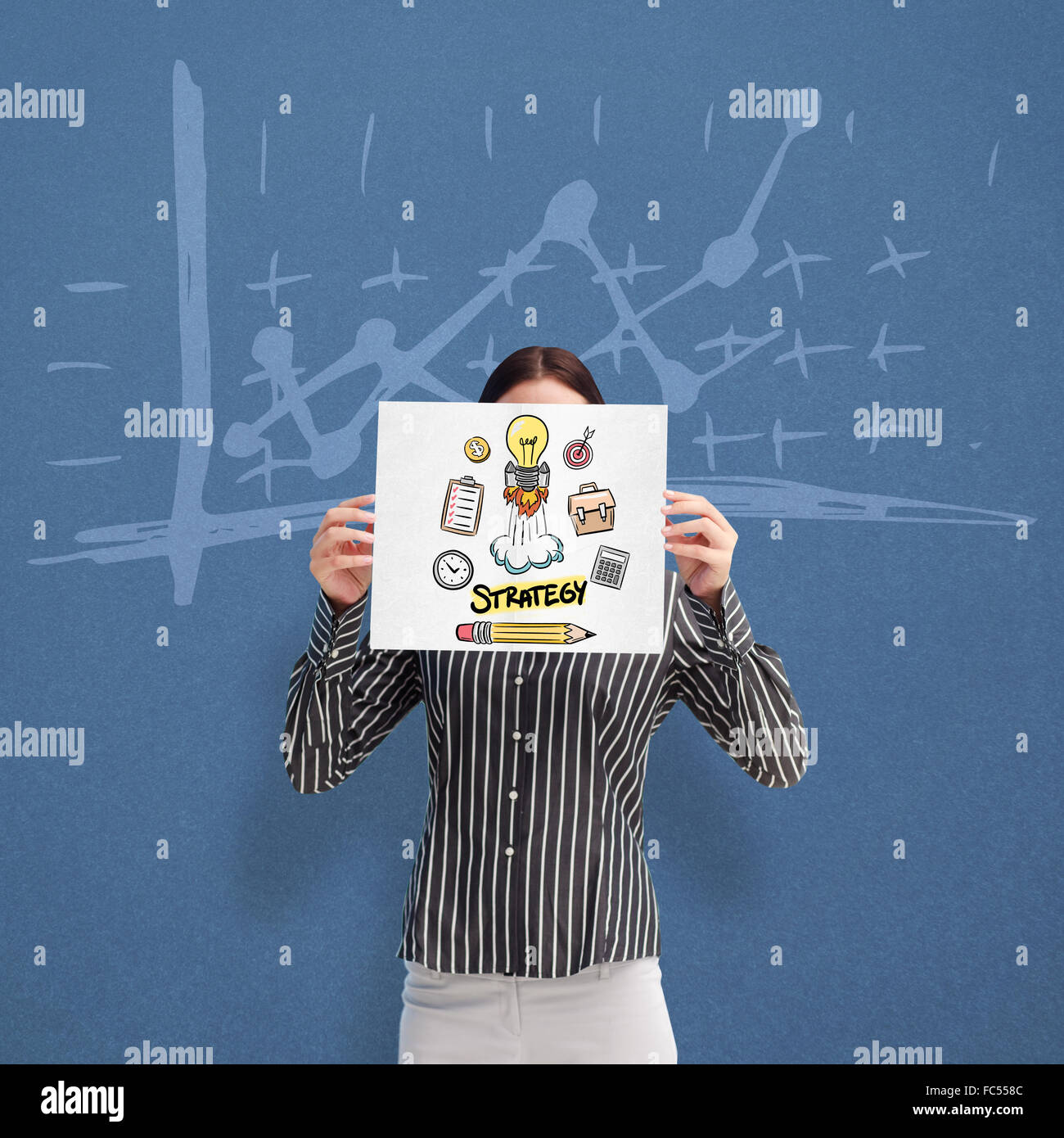 Composite image of businesswoman showing a white card in front of her ...