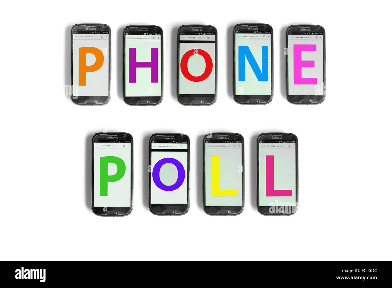 Phone Poll written on the screens of smartphones photographed against a ...