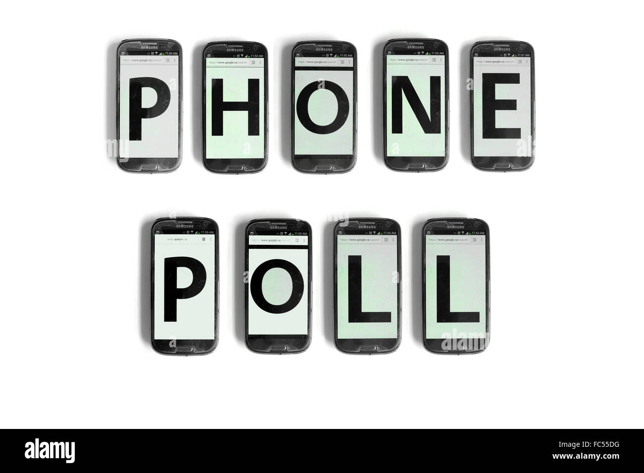 Phone Poll written on the screens of smartphones photographed against a ...