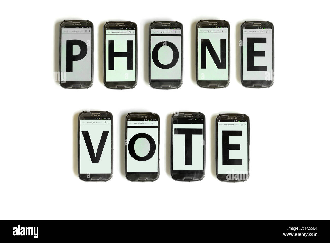 Phone Vote written on the screens of smartphones photographed against a ...