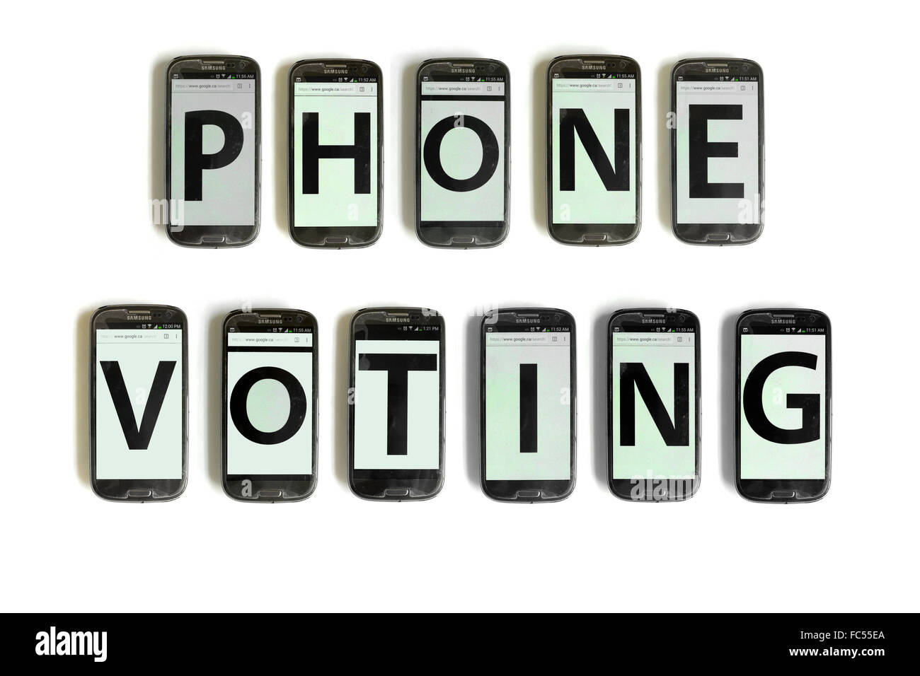 Phone Voting written on the screens of smartphones photographed against ...