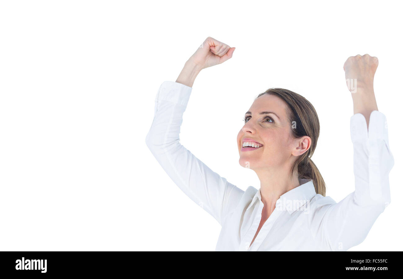 Close up of a businesswoman cheering with arms up Stock Photo - Alamy