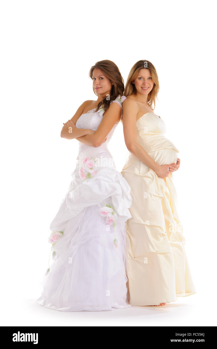 happy pregnant bride with girlfriend Stock Photo - Alamy