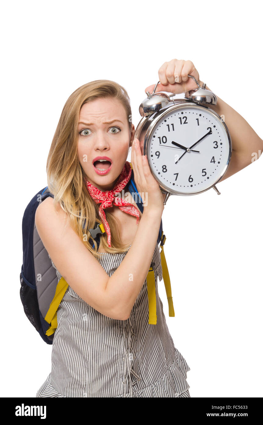 Woman student missing deadlines isolated on white Stock Photo - Alamy
