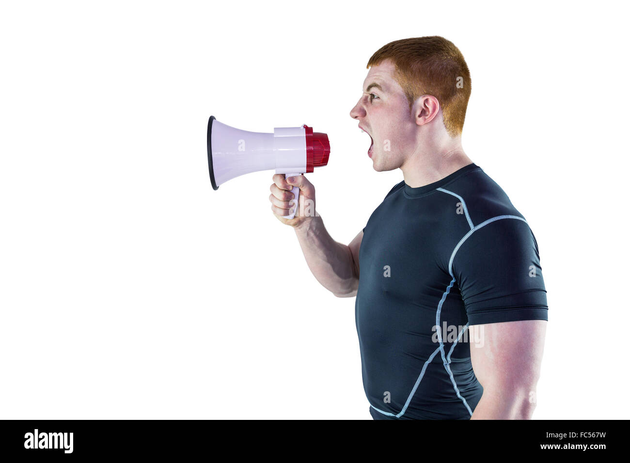 Angry rugby player yelling through the megaphone Stock Photo - Alamy