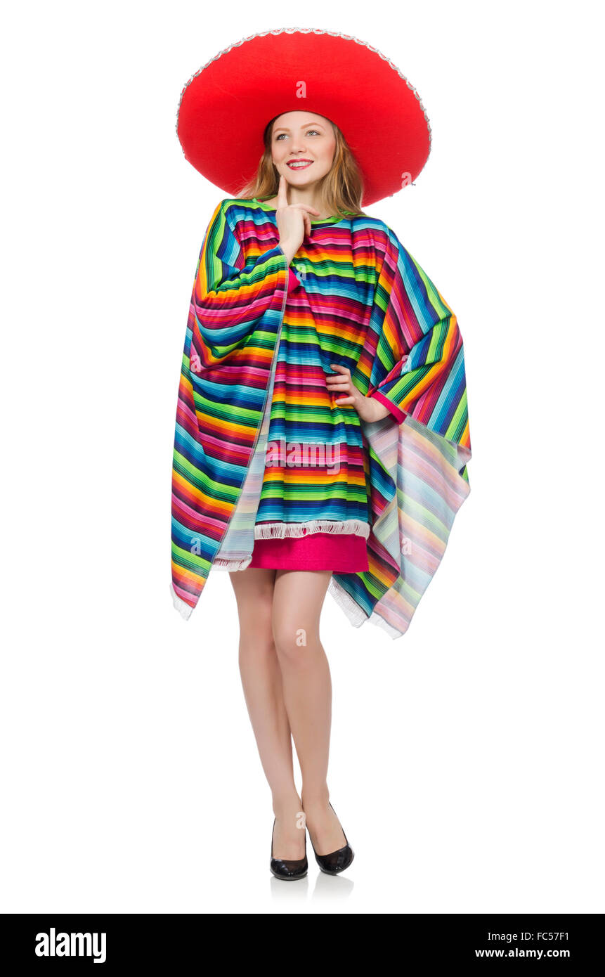Pretty girl in mexican poncho isolated on white Stock Photo - Alamy