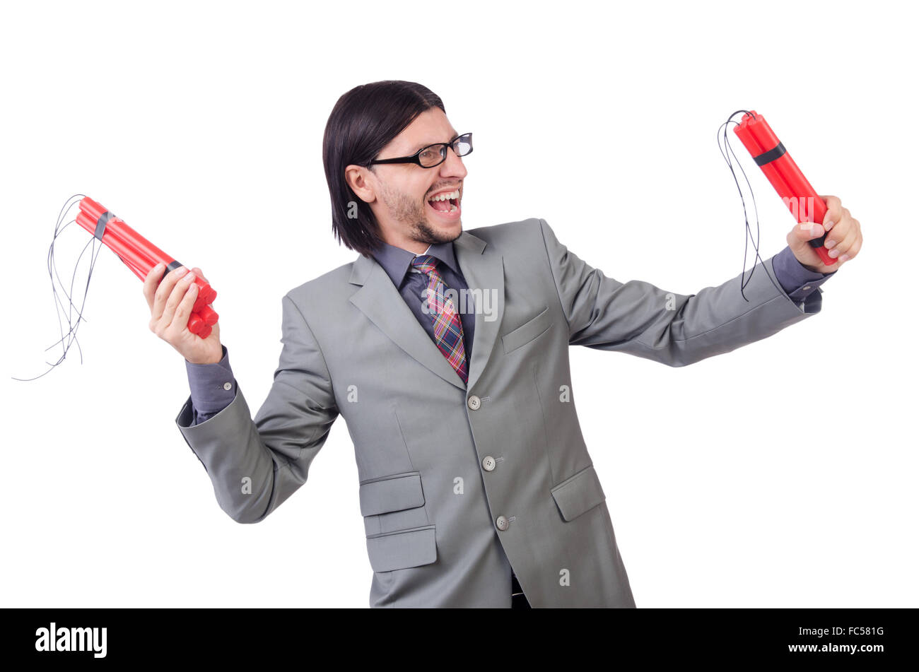 Young businessman holding dynamite isolated on white Stock Photo - Alamy