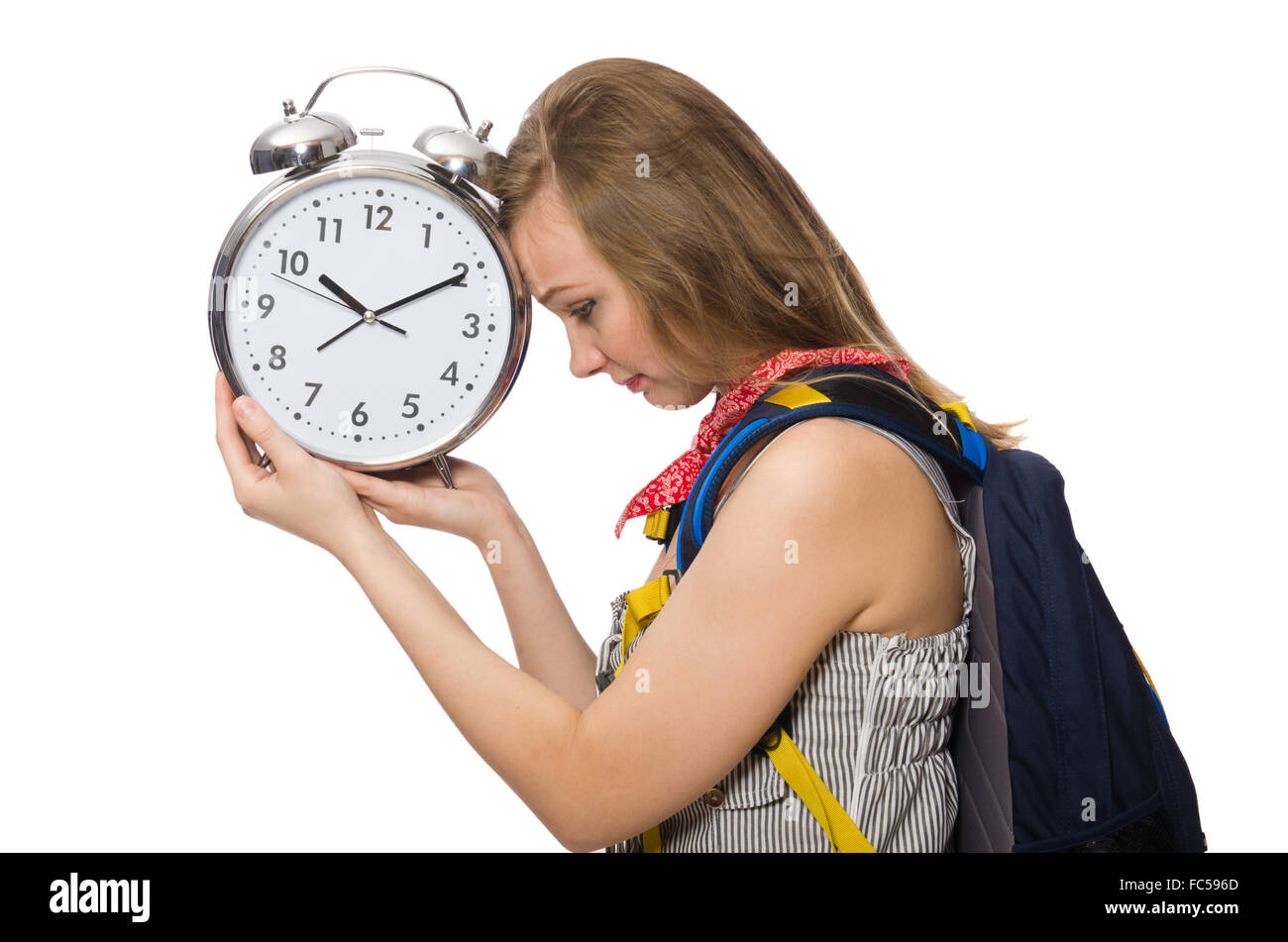 Woman student missing deadlines isolated on white Stock Photo - Alamy
