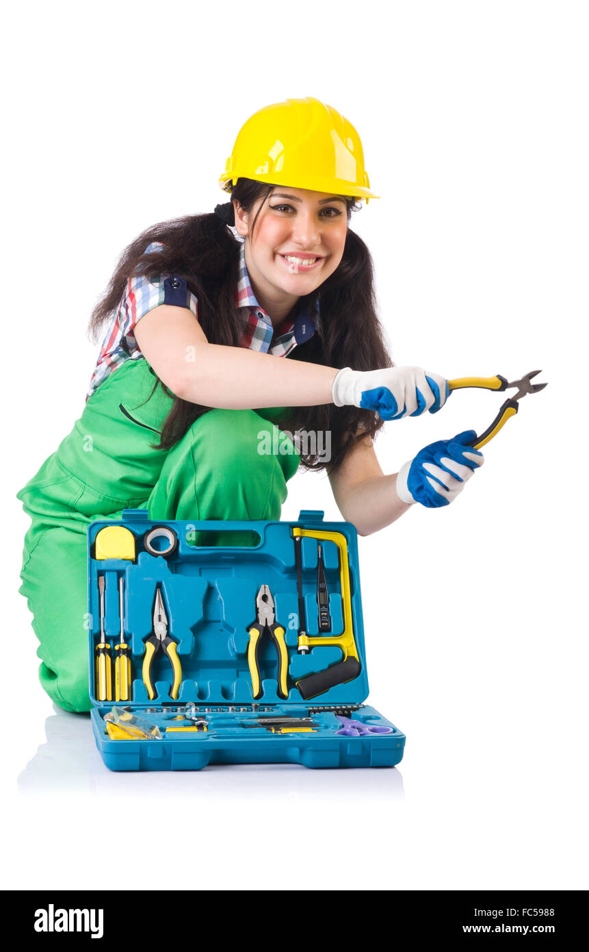 Female workman in green overalls isolated on white Stock Photo - Alamy