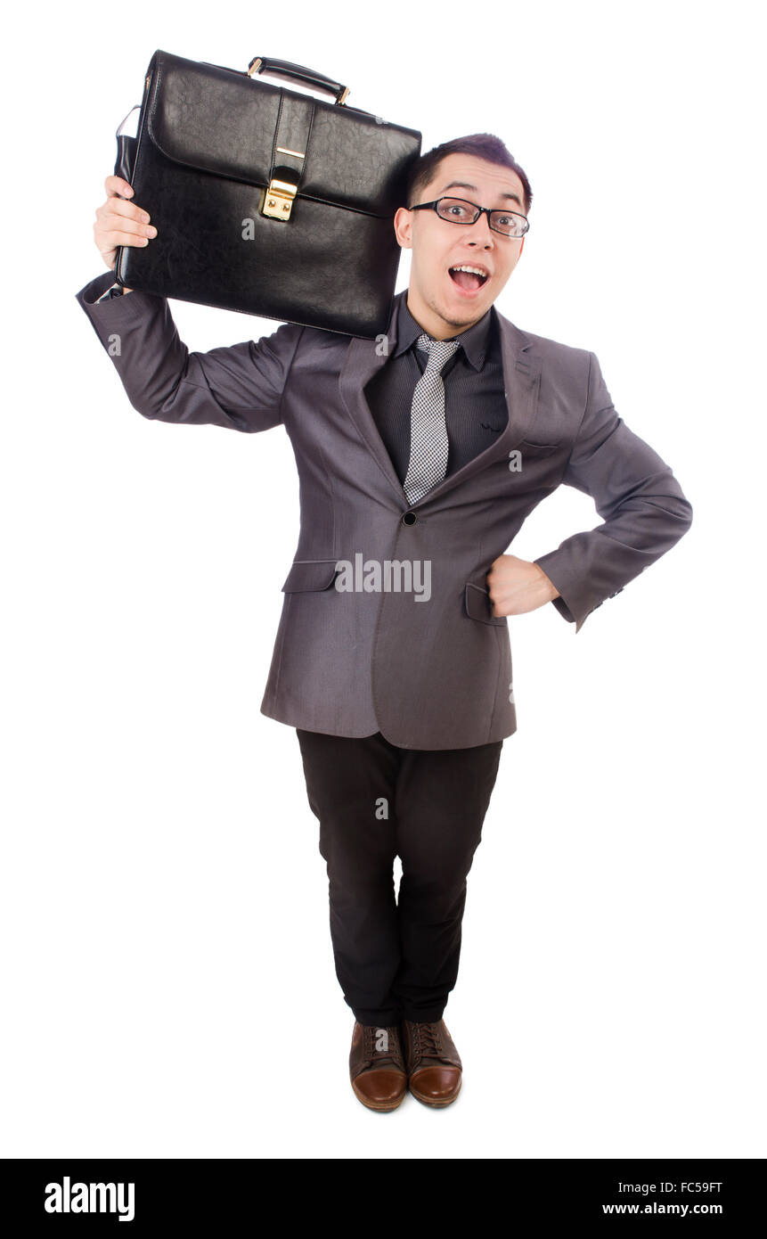 Young man holding briefcase isolated on white Stock Photo - Alamy