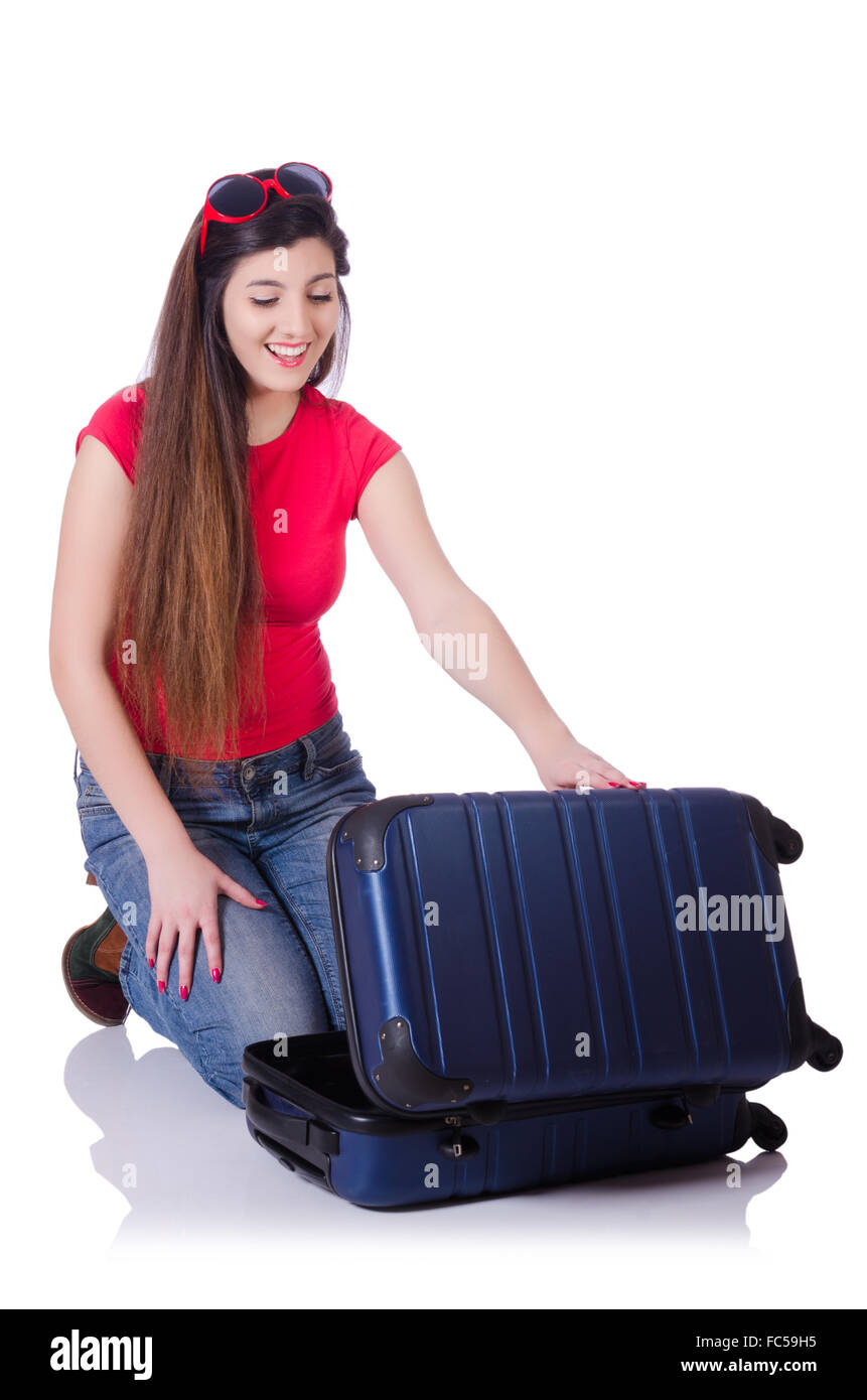 Pretty girl with suitcase isolated on white Stock Photo - Alamy