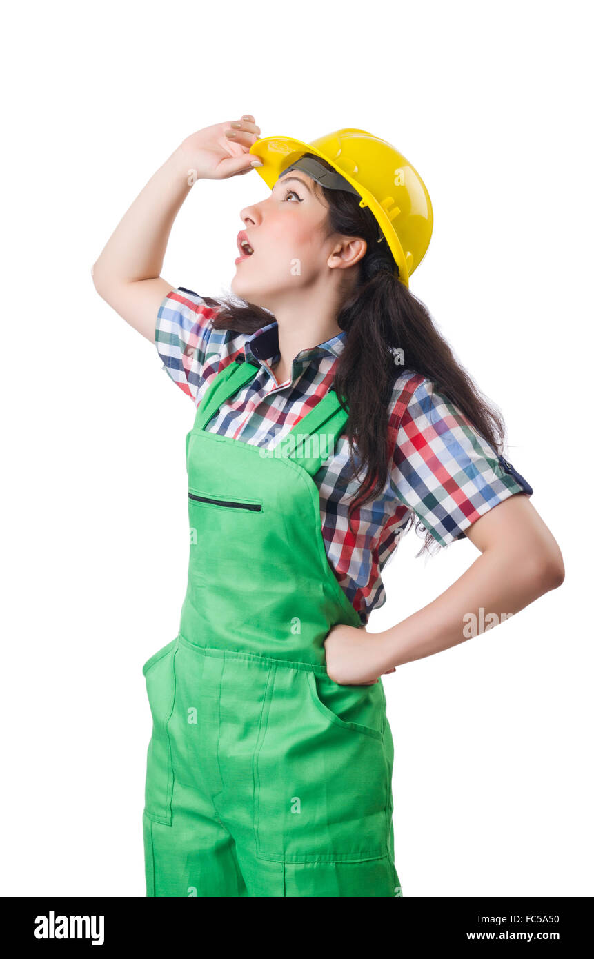 Female workman in green overalls isolated on white Stock Photo - Alamy