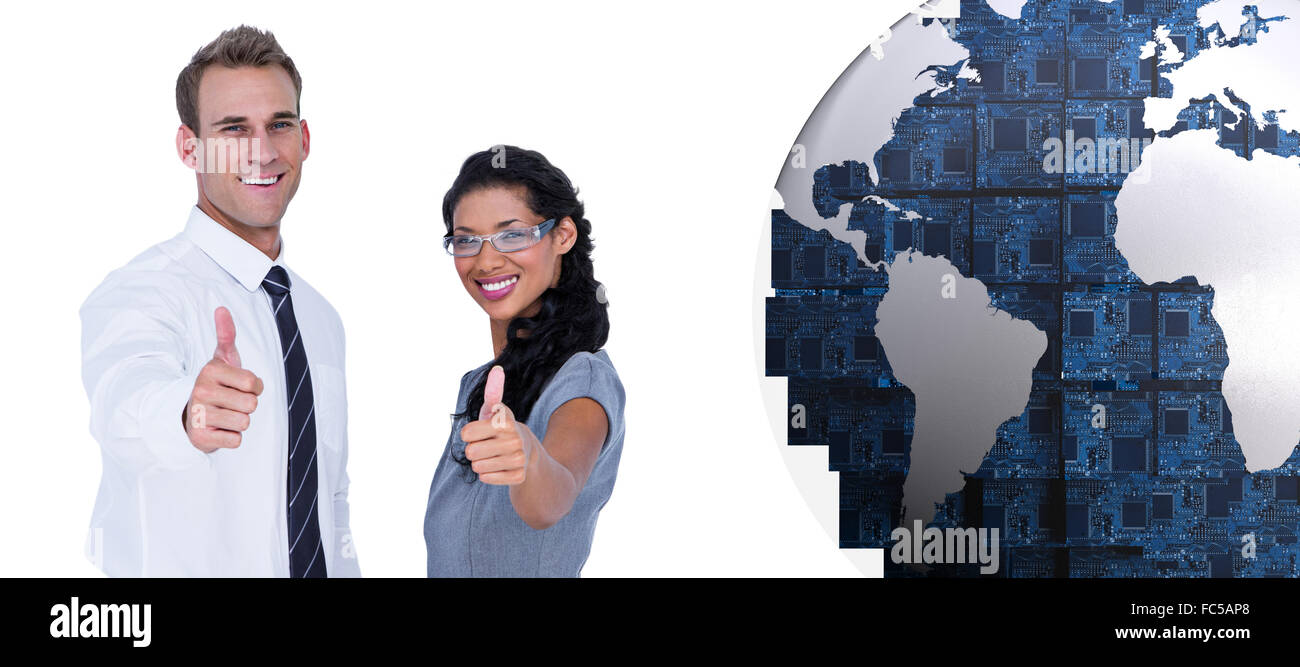 Composite image of happy business people looking at camera with thumbs ...