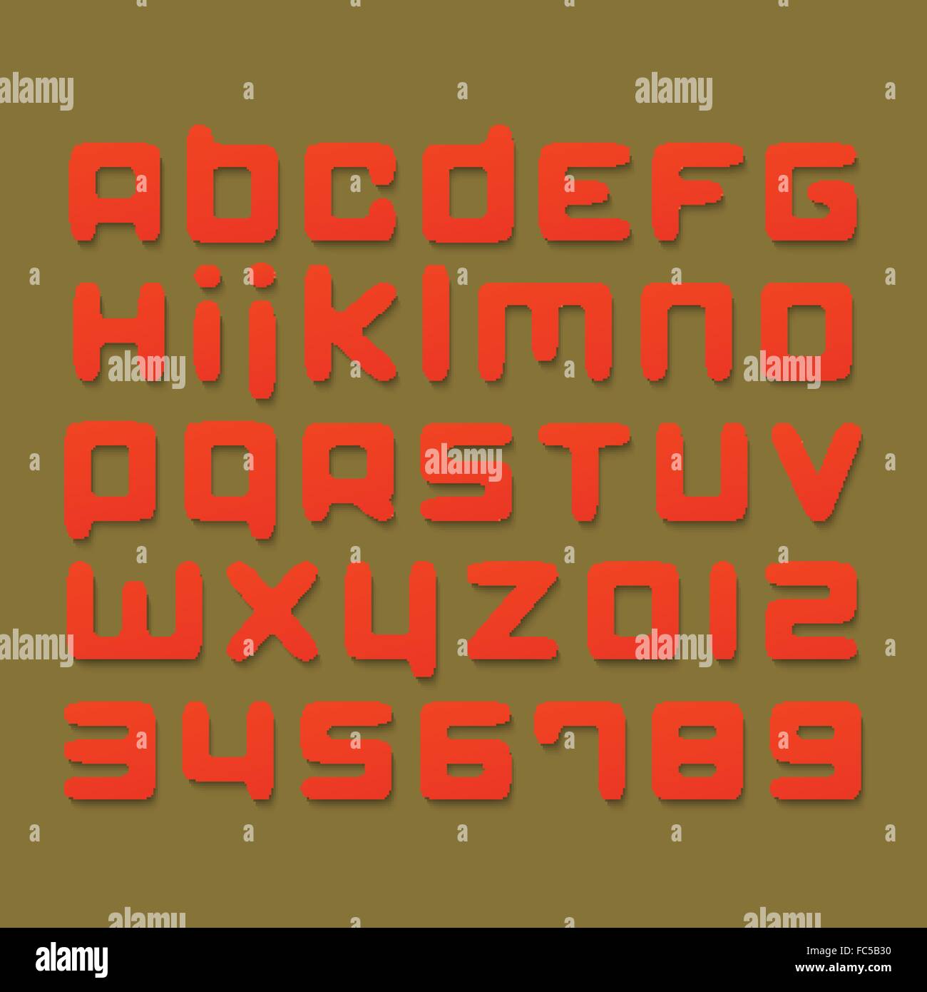set of stylish, red alphabet letters and numbers isolated on brown ...
