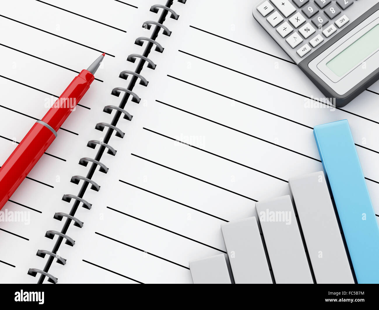 3d Notepad with bar graph and office calculator Stock Photo - Alamy