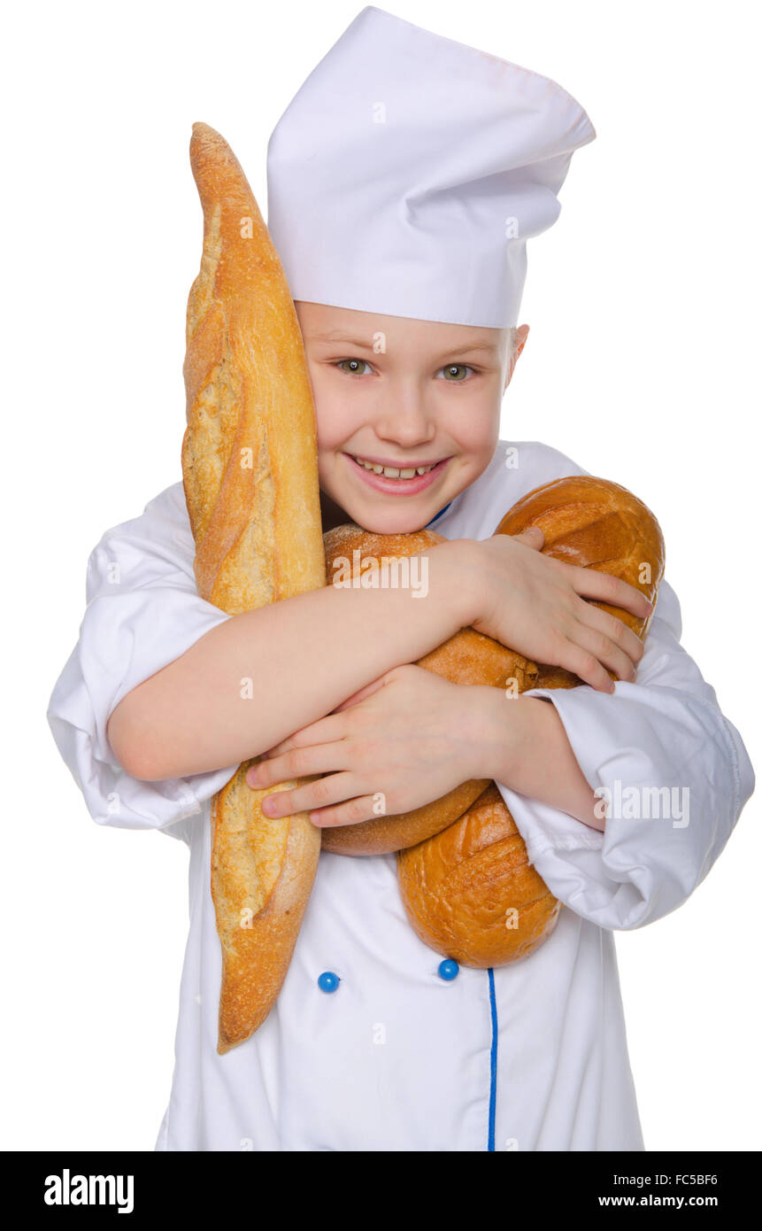 Laughing baker with three loaves of bread Stock Photo - Alamy
