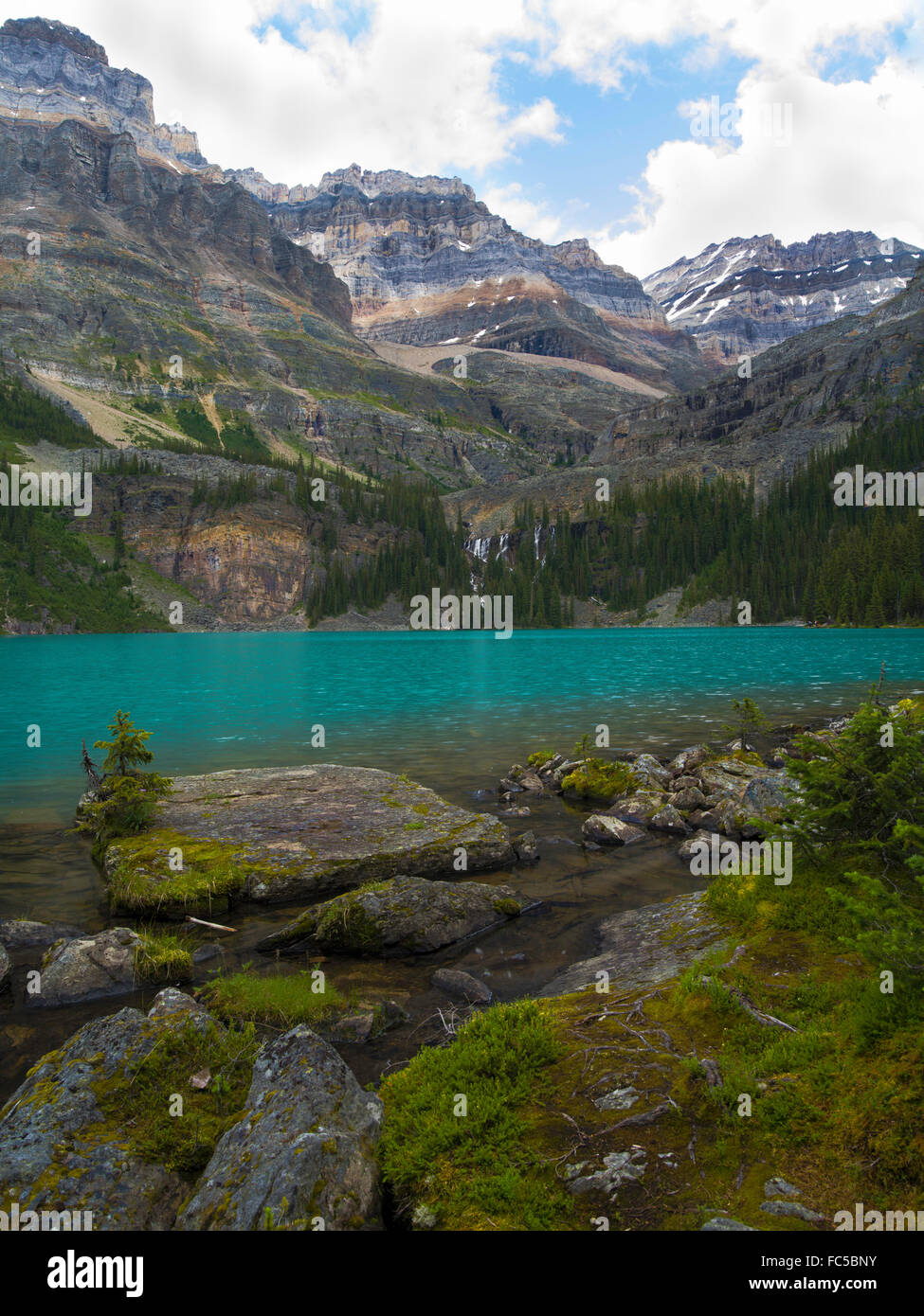 Low-angle view of beautiful, remote Lake O'Hara, with Seven Veils Falls ...