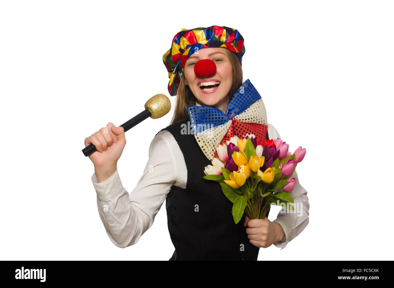 Pretty female clown with flowers isolated on white Stock Photo - Alamy