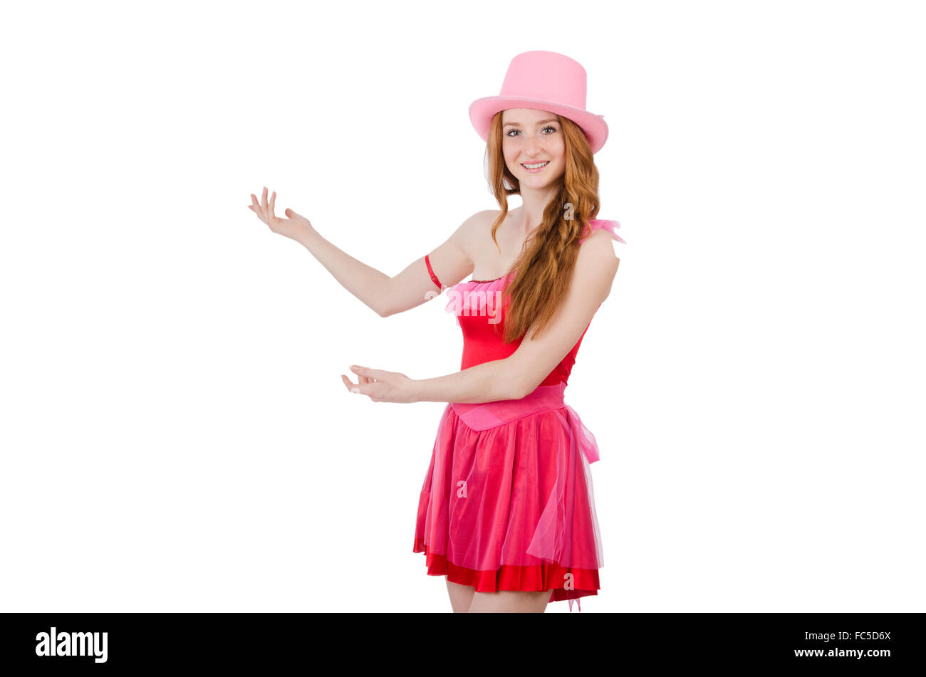 Pretty young wizard in mini pink dress isolated on white Stock Photo ...