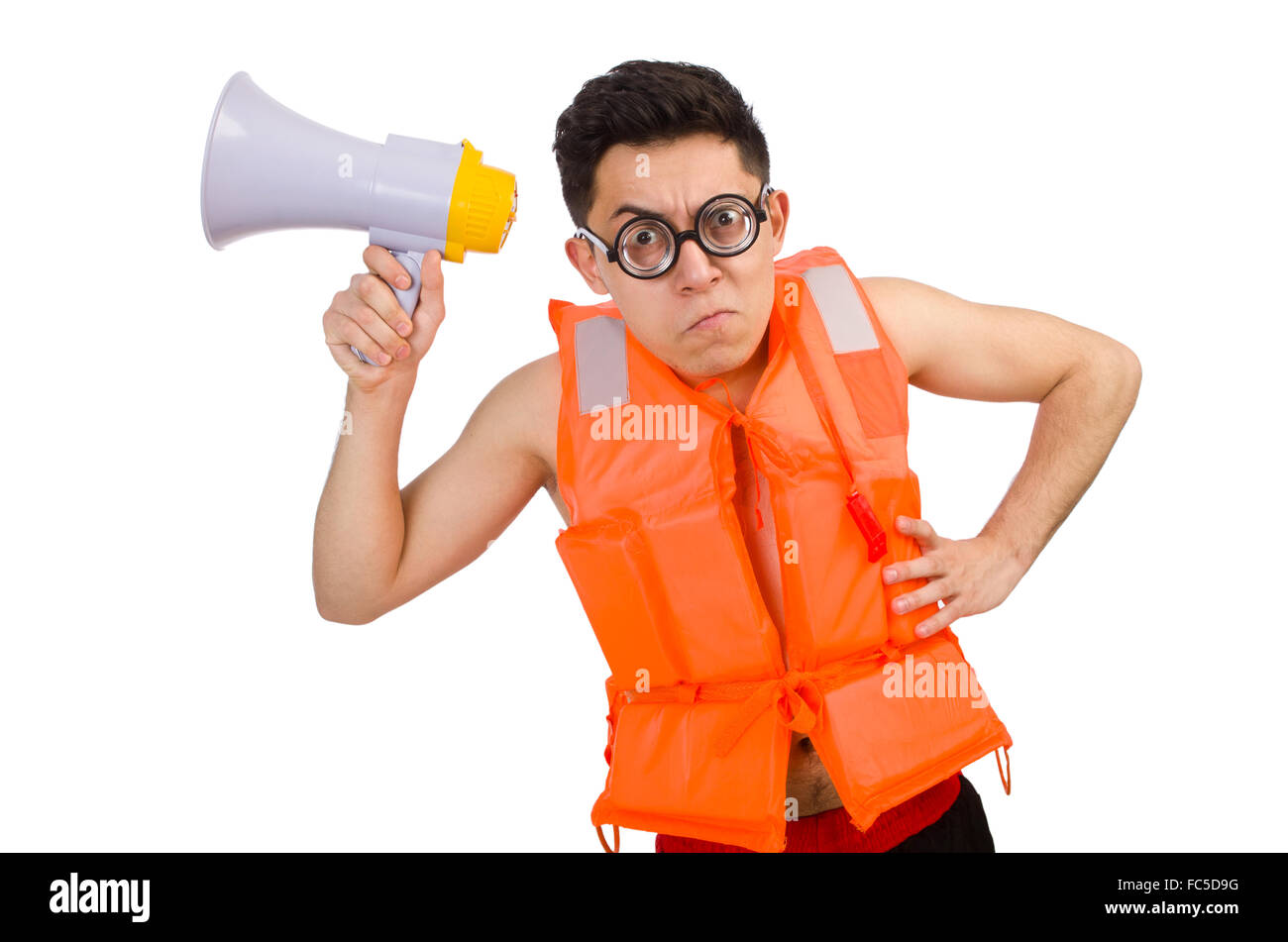 Funny man wearing vest with loudspeaker Stock Photo - Alamy