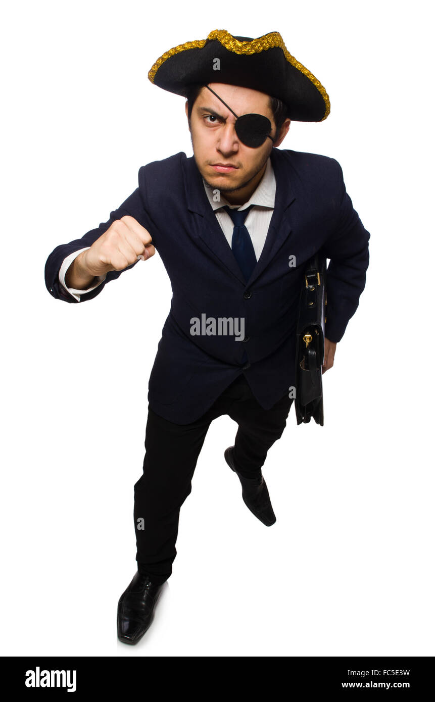 Young one eyed captain with briefcase isolated on white Stock Photo - Alamy