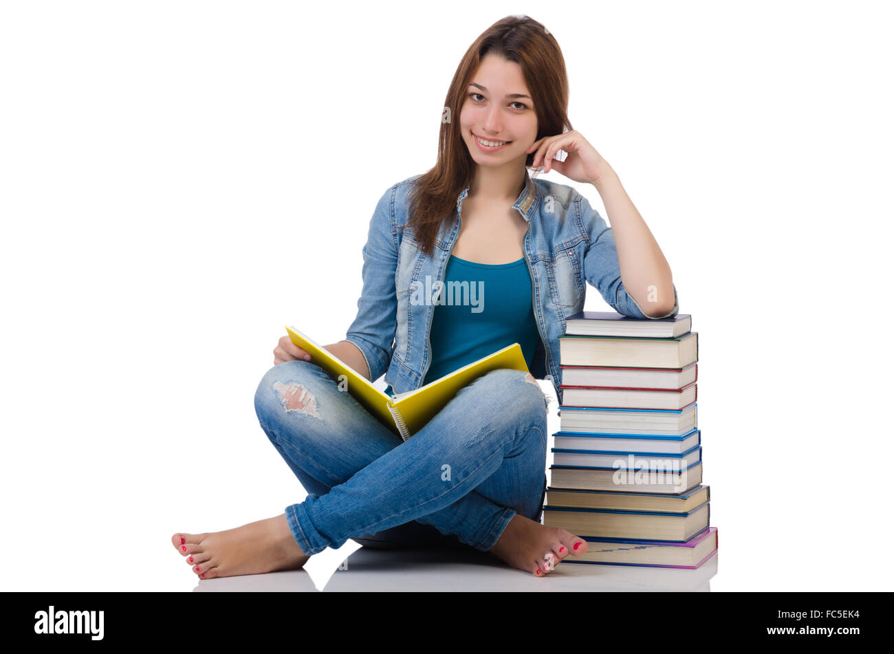 Student girl with books on white Stock Photo - Alamy