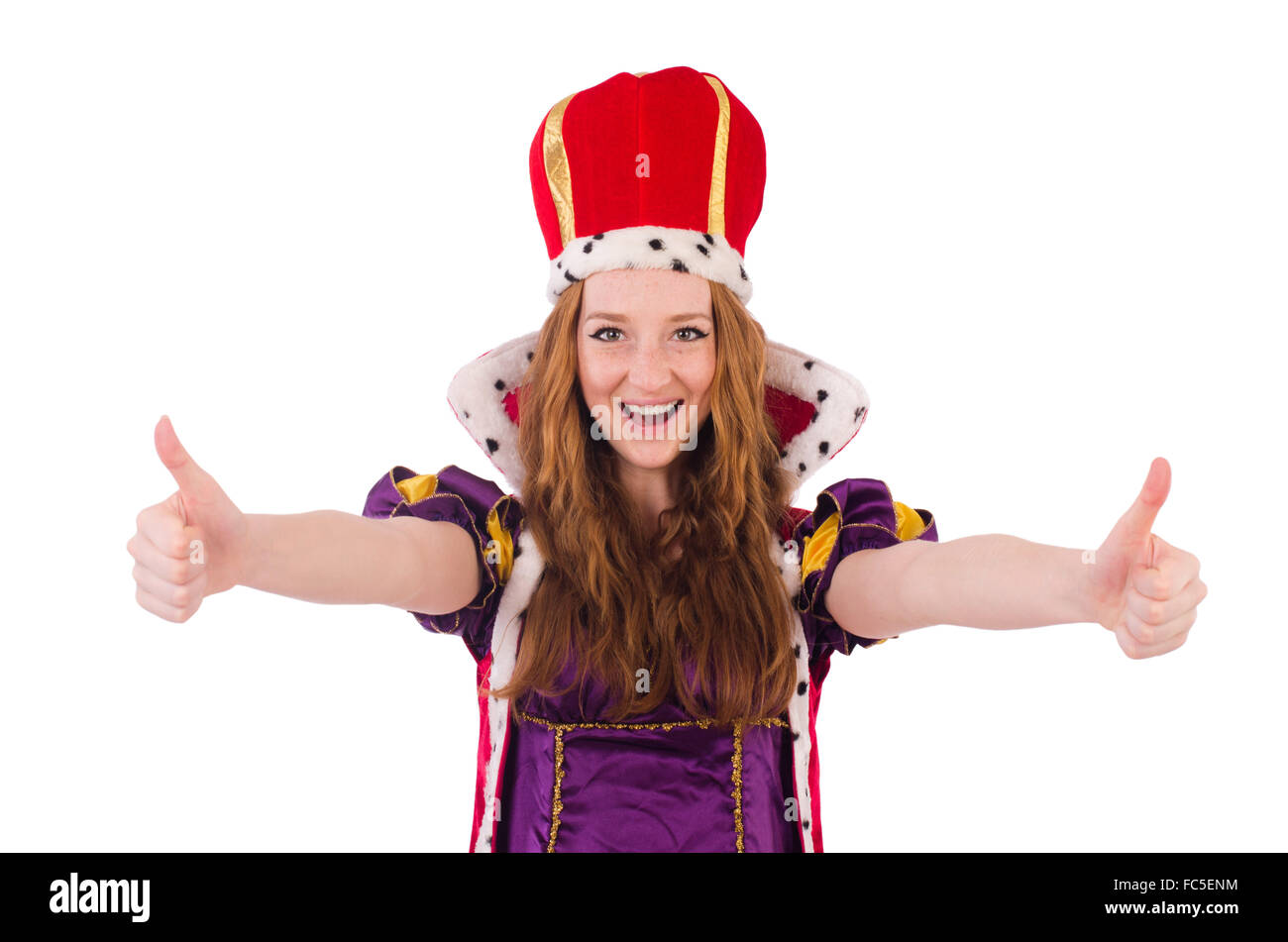 Pretty young queen in purple dress isolated on white Stock Photo - Alamy