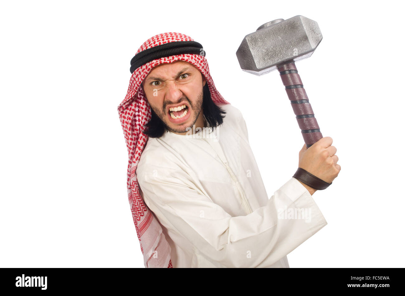 Angry arab man with hammer isolated on white Stock Photo - Alamy