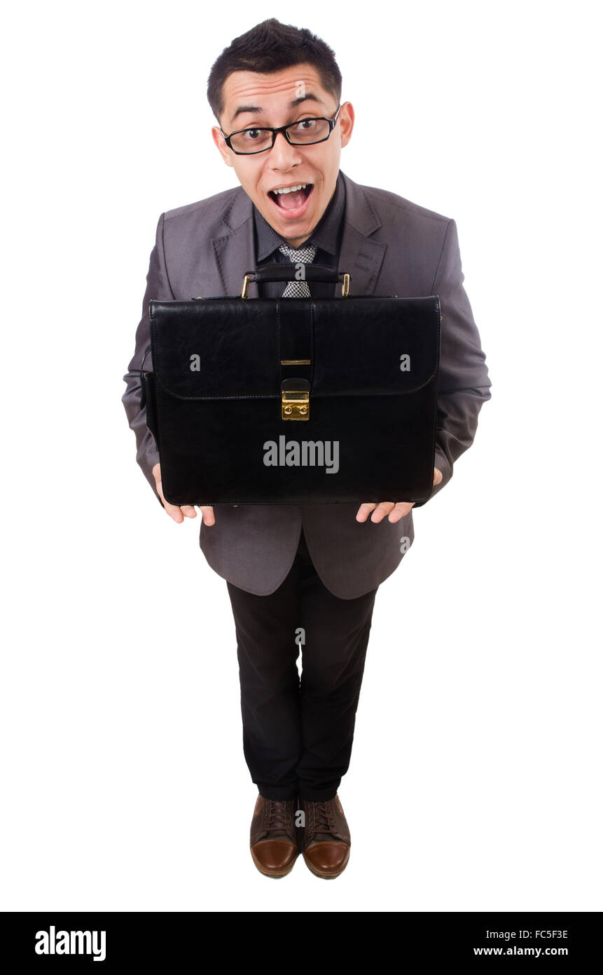 Young man holding briefcase isolated on white Stock Photo - Alamy