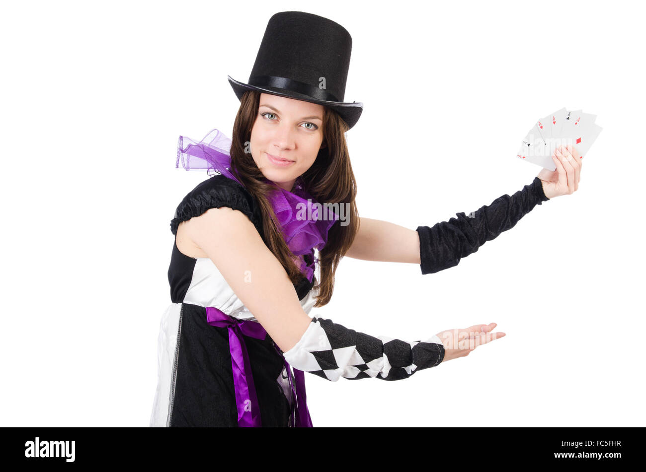 Pretty girl in jester costume with cards isolated on white Stock Photo ...