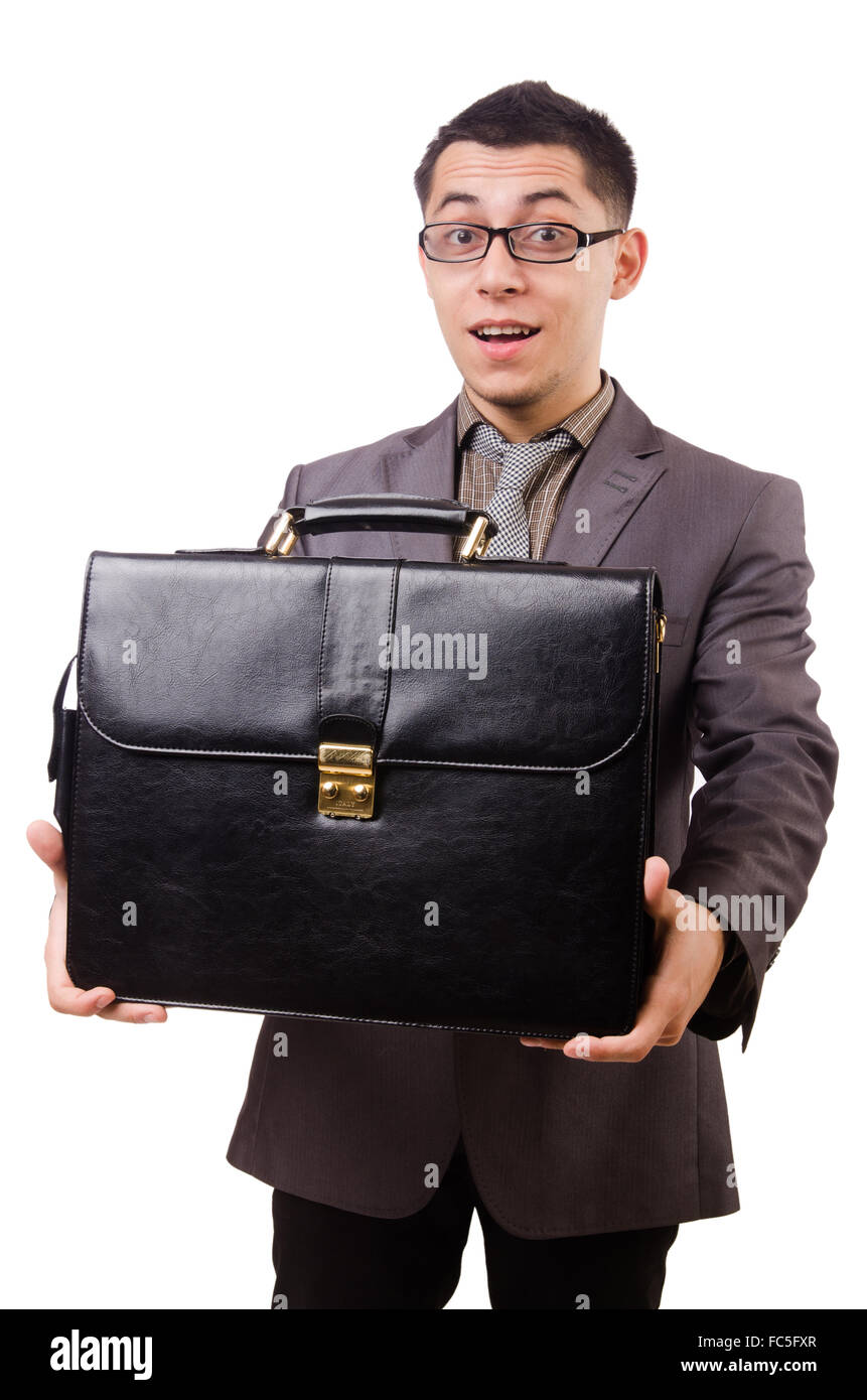 Young man holding briefcase isolated on white Stock Photo - Alamy
