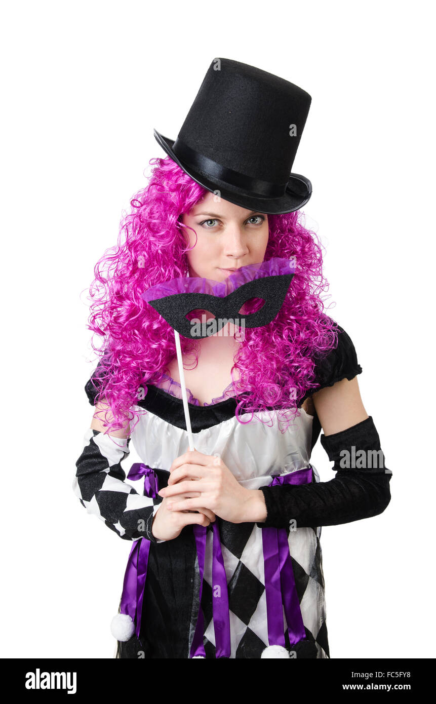 Pretty girl in jester costume isolated on white Stock Photo - Alamy