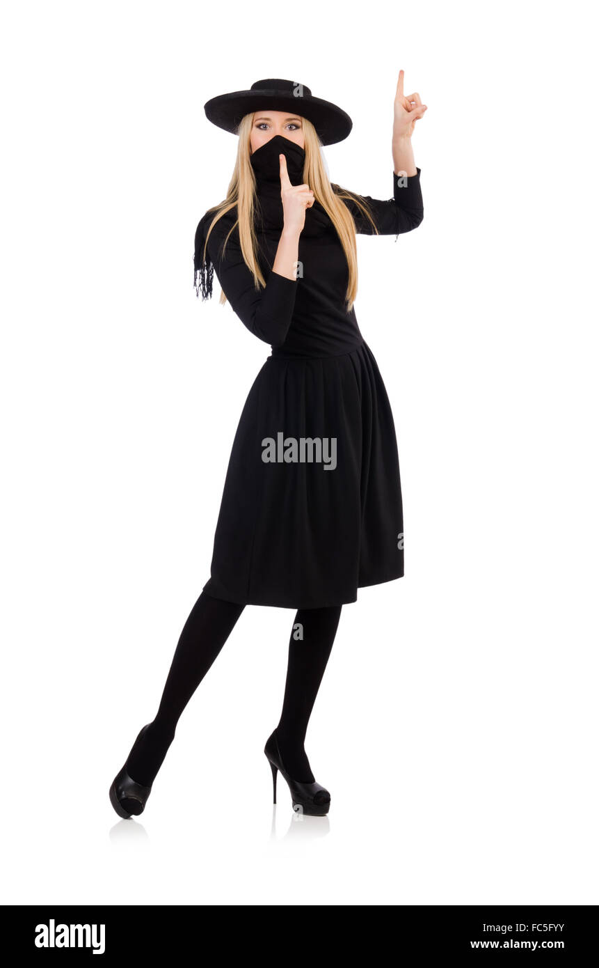 Woman in long black dress isolated on white Stock Photo - Alamy
