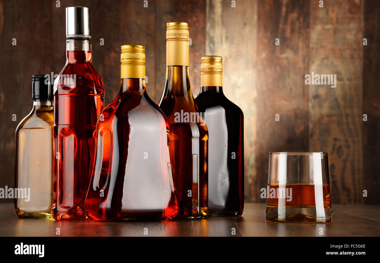 Bottles of assorted alcoholic beverages Stock Photo - Alamy