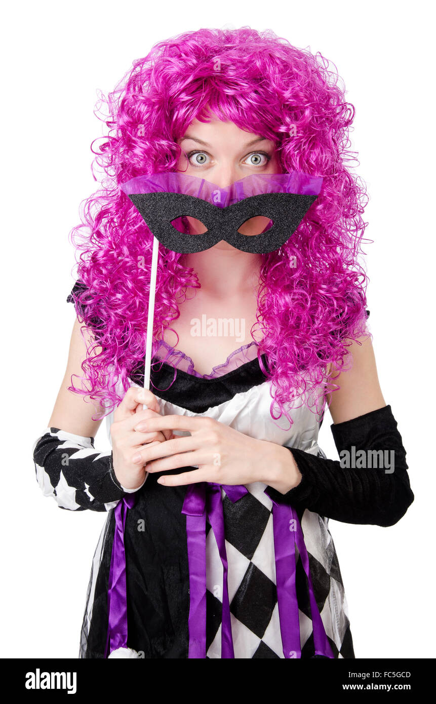 Pretty girl in jester costume isolated on white Stock Photo - Alamy