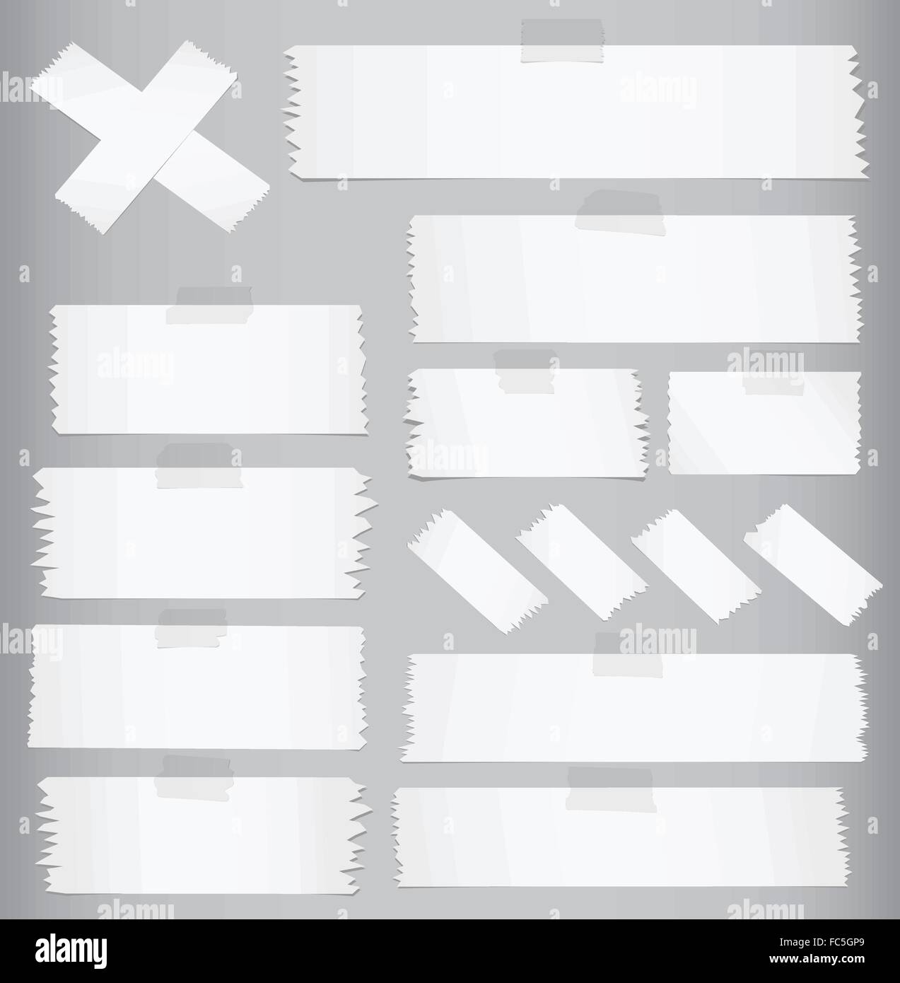 Horizontal and different size sticky tape, adhesive pieces on gray ...