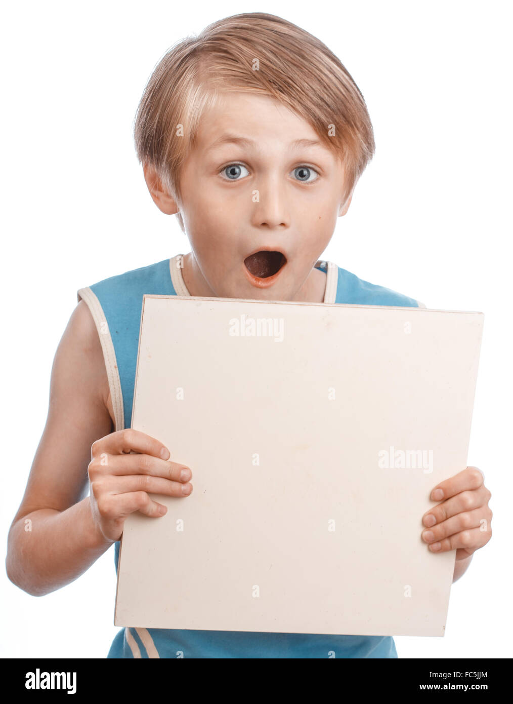 Boy on a white background with blank boad Stock Photo - Alamy
