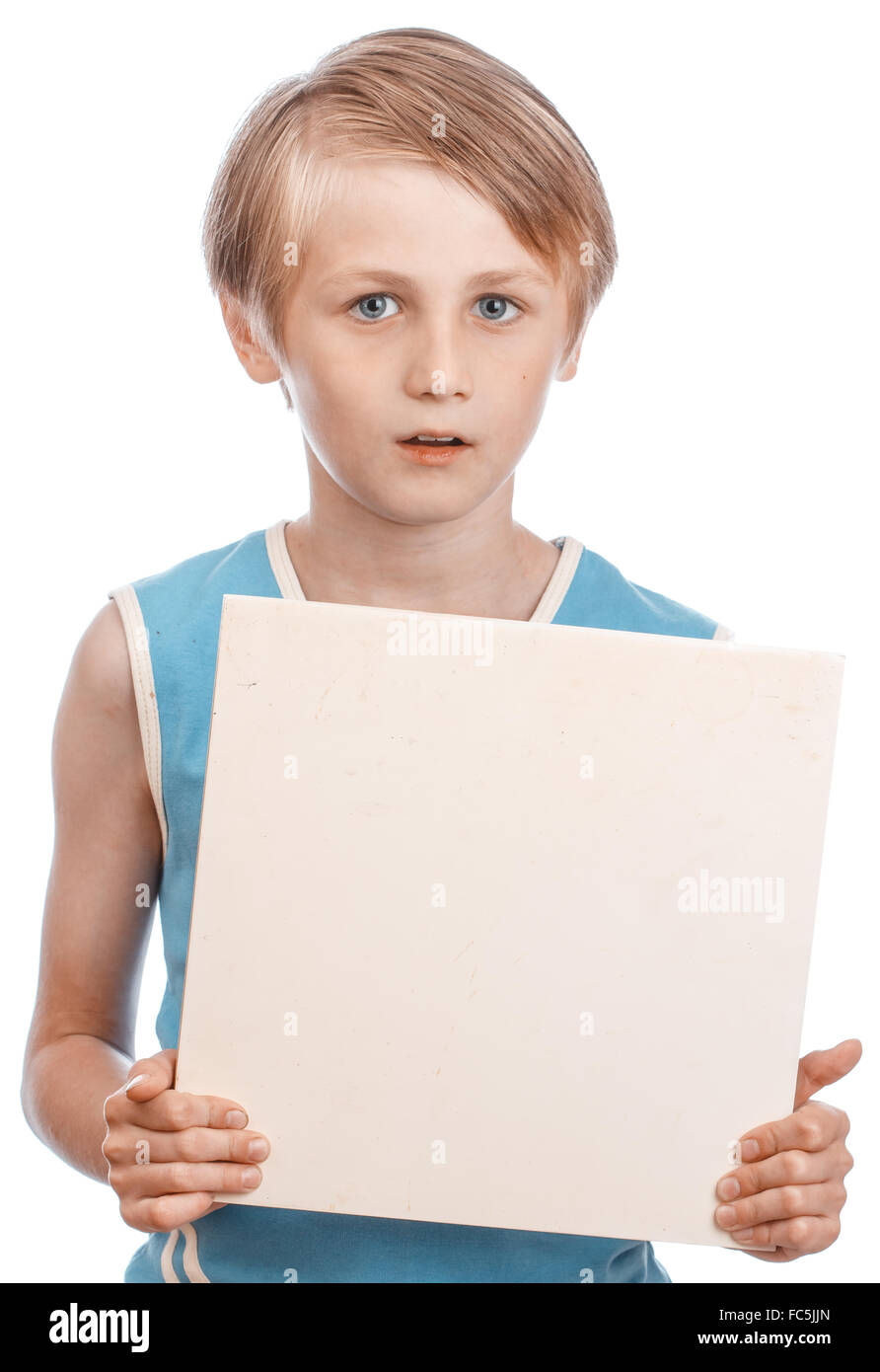 Boy on a white background with blank boad Stock Photo - Alamy