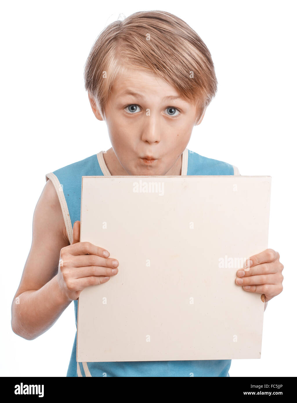 Boy on a white background with blank boad Stock Photo - Alamy