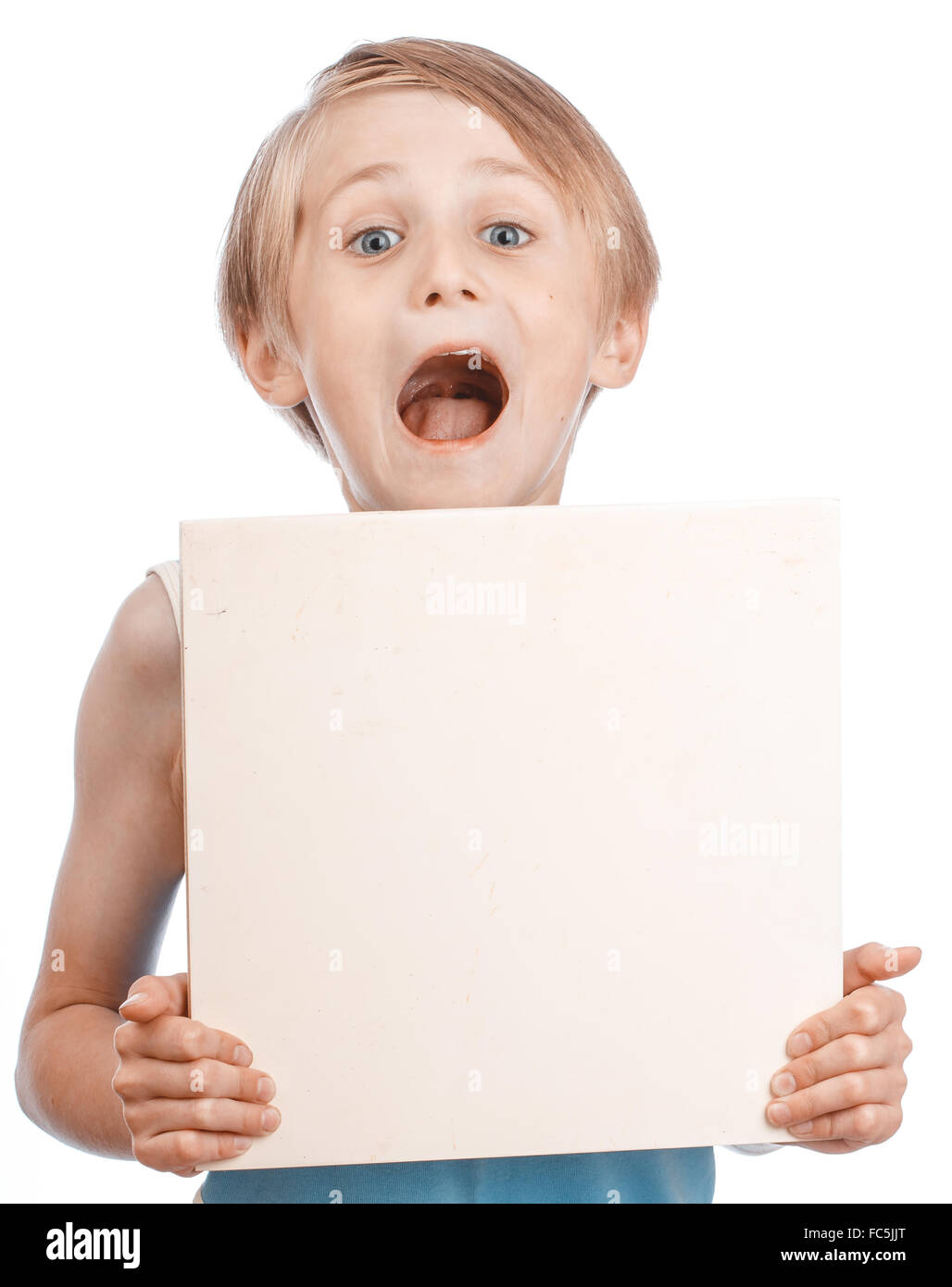 Boy on a white background with blank boad Stock Photo - Alamy