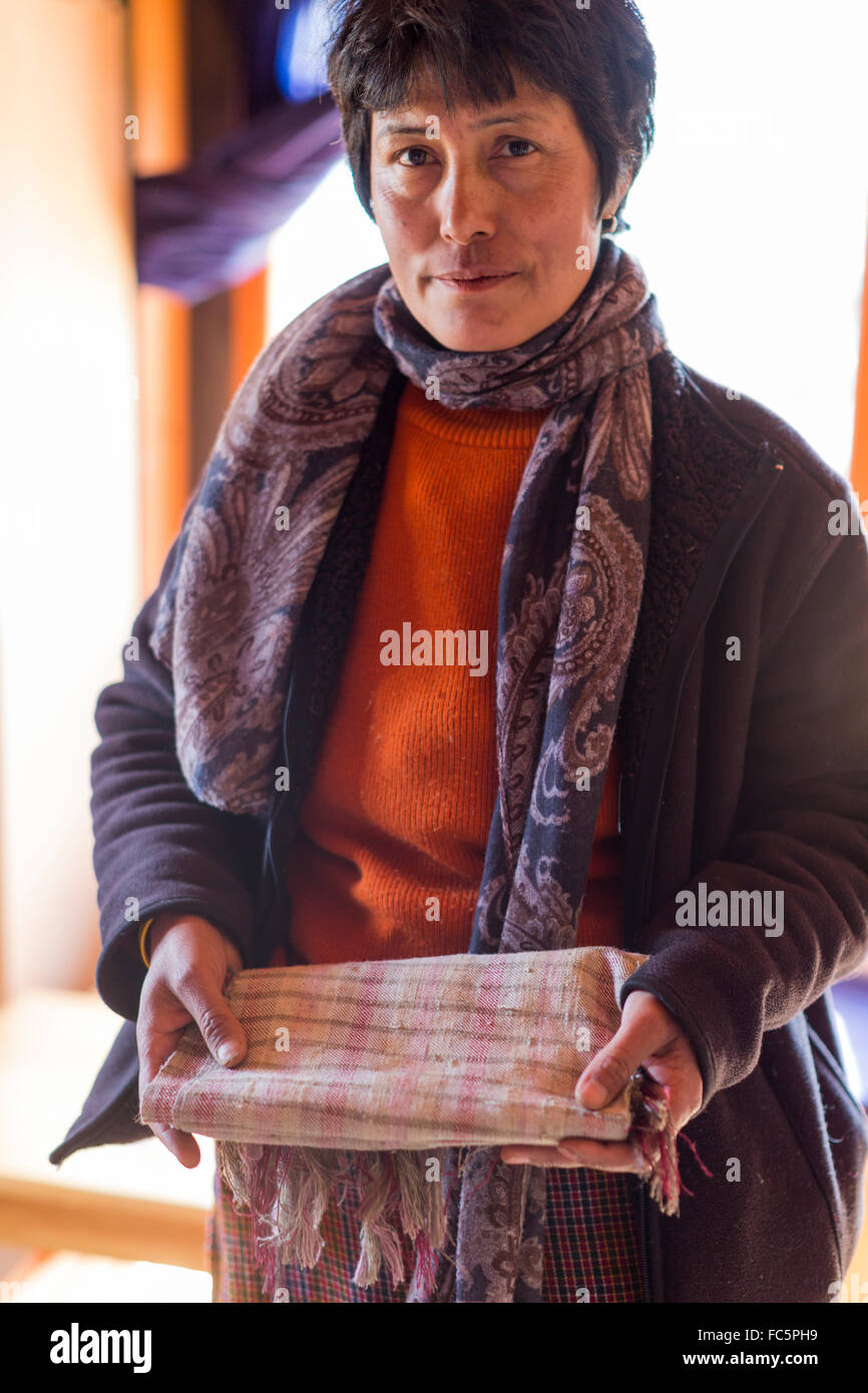 Weaver with Scarf, Dorjibi Weaving Center, Jakar, Bumthang, Bhutan ...