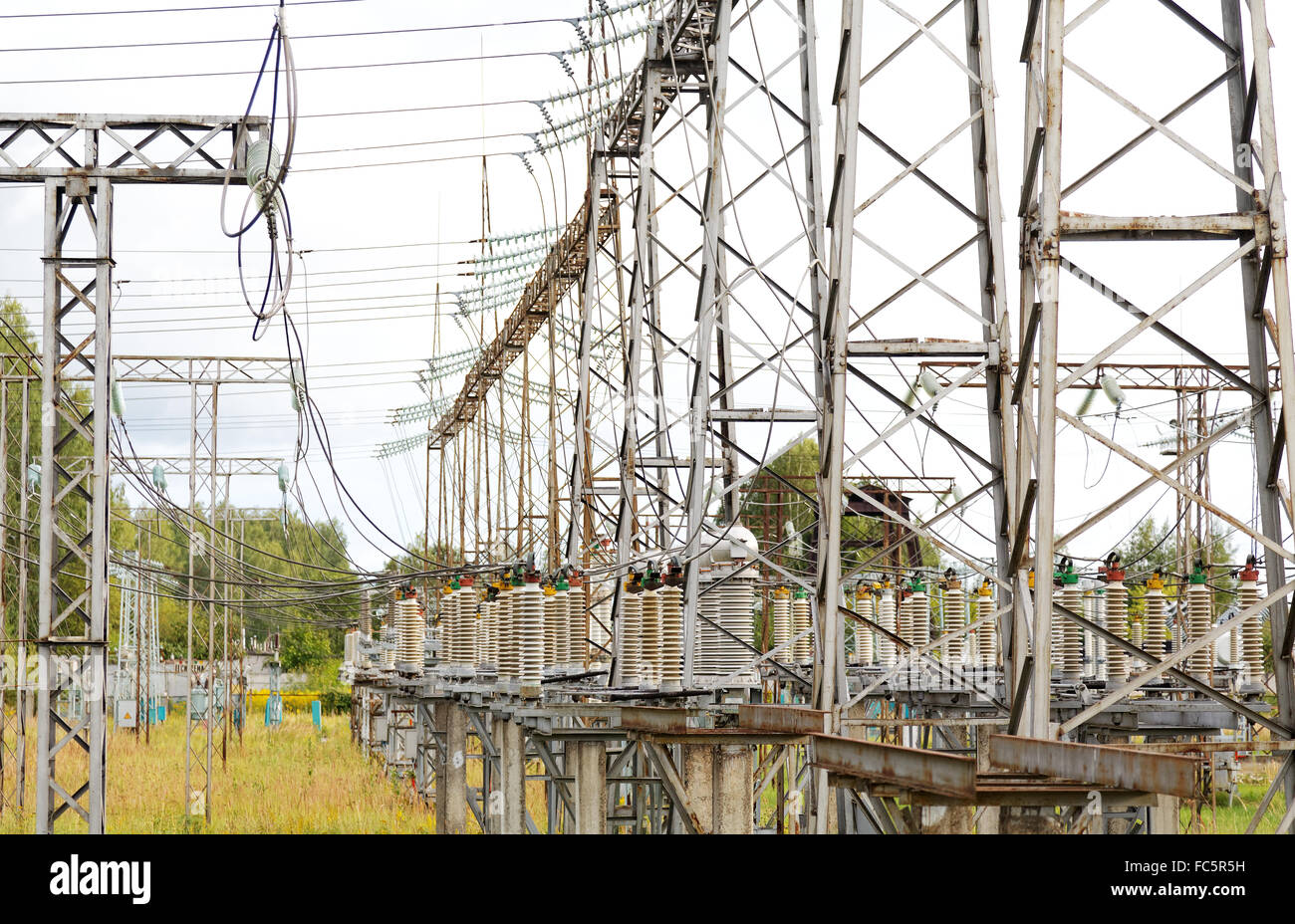 Electrical substation poles and wires Stock Photo - Alamy