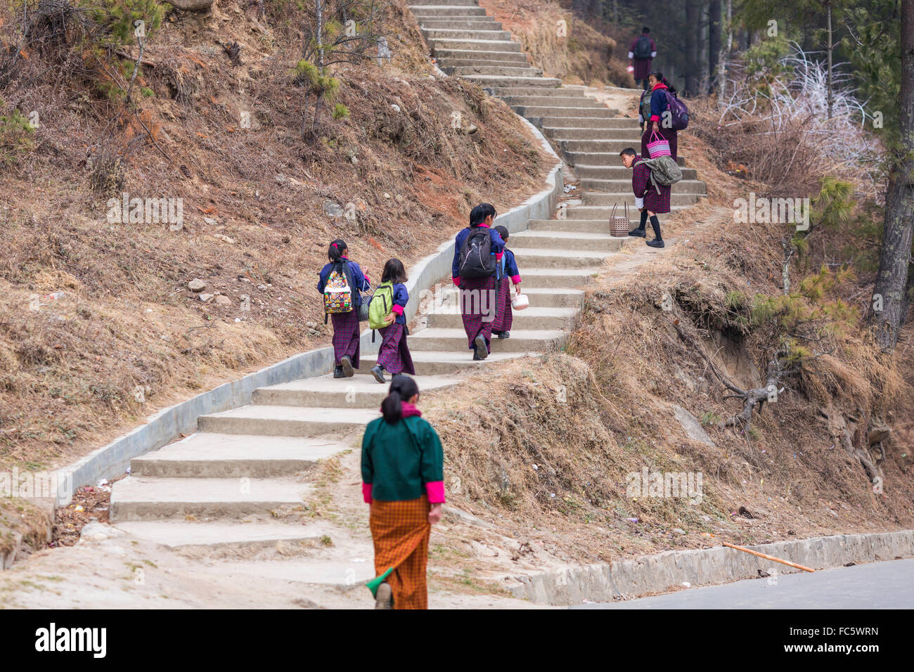 Schoolchildren in traditional costume, Jarkar, Bumthang, Central Bhutan ...