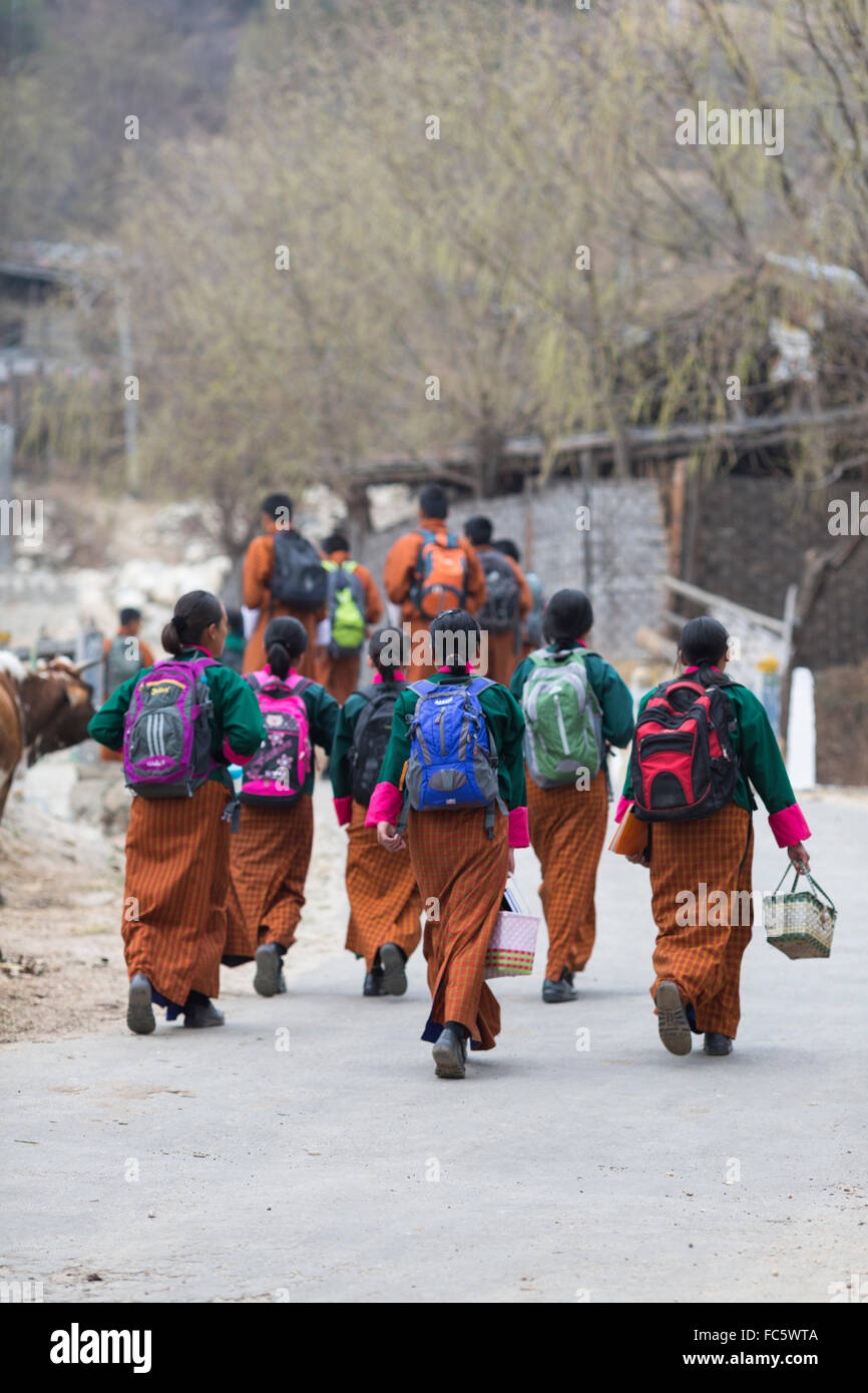 Schoolchildren in traditional costume, Jarkar, Bumthang, Central Bhutan ...