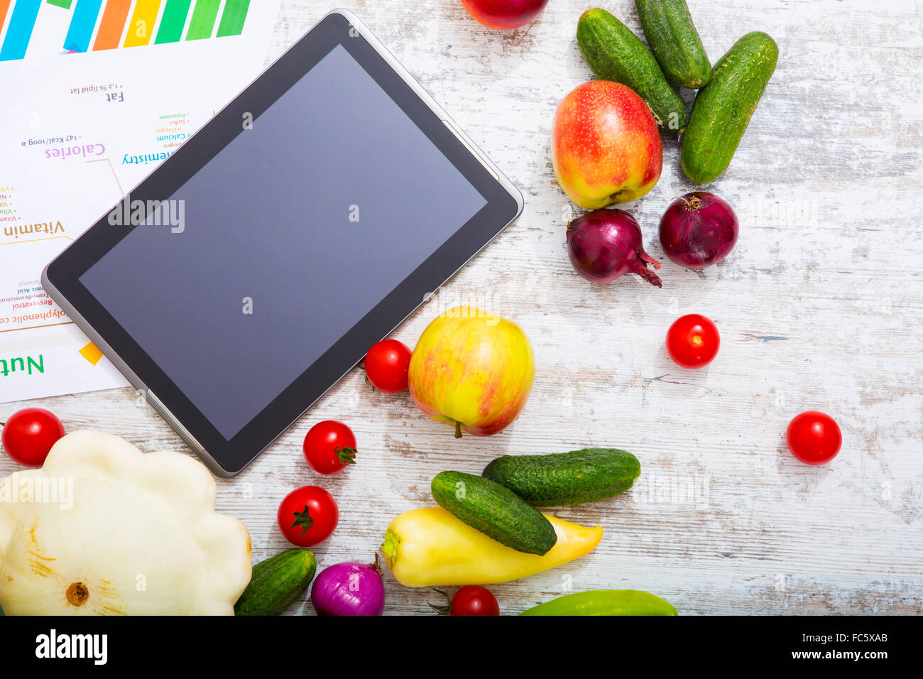 Healthy nutrition and tablet Stock Photo - Alamy